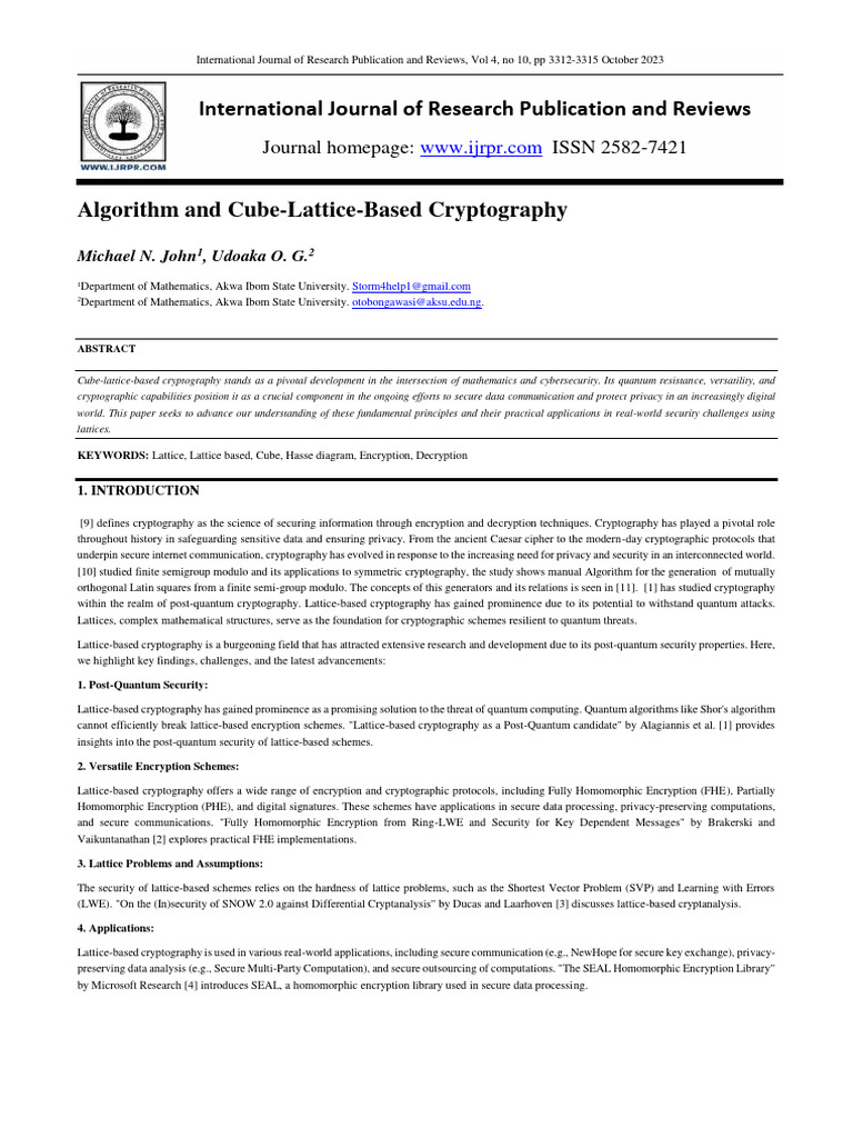Algorithm and Cube Lattice Based Cryptog | PDF | Cryptography | Encryption