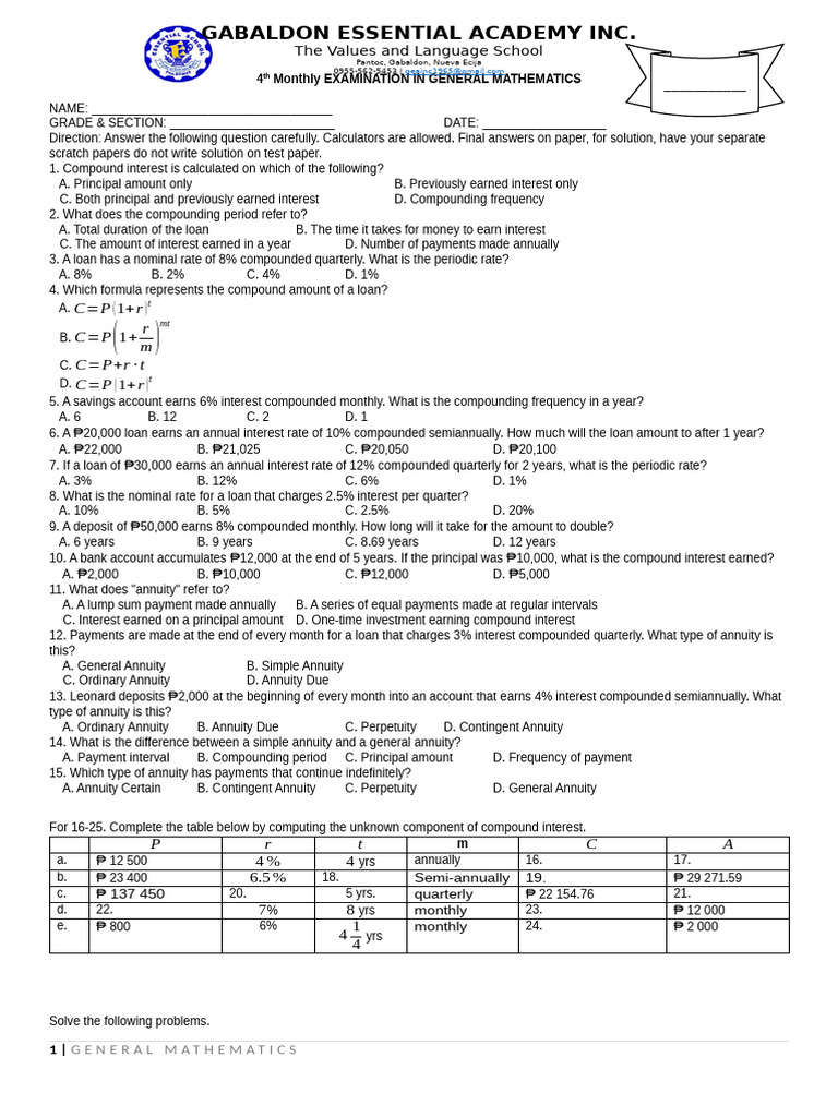 General Mathematics Monthly Exam | PDF | Compound Interest | Interest