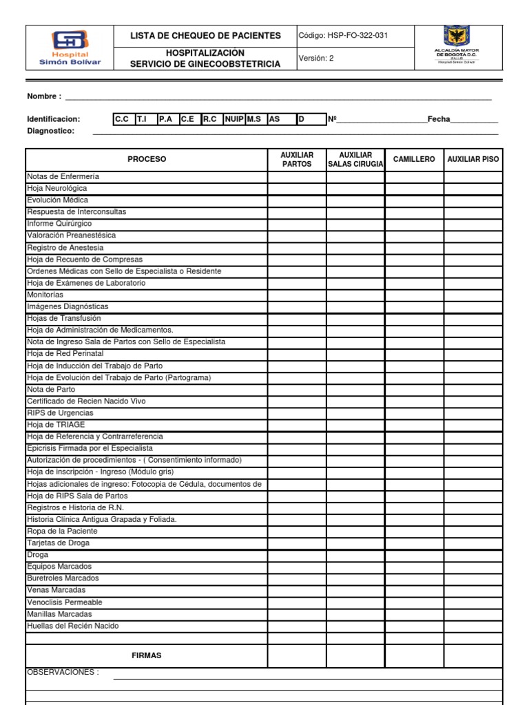 HSP-FO-322-031 Lista de Chequeo de Pacientes