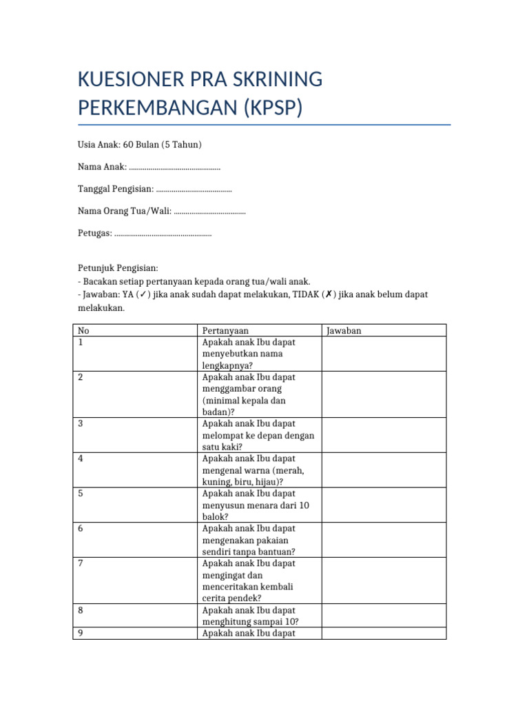 KPSP Anak Usia 60 Bulan | PDF