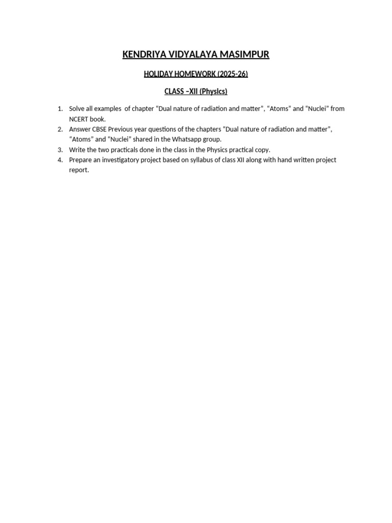 XII Physics Holiday Homework | PDF