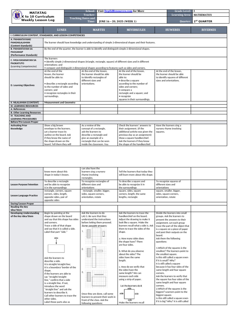 DLL Matatag Mathematics 1 q1 w1 | PDF | Rectangle | Learning