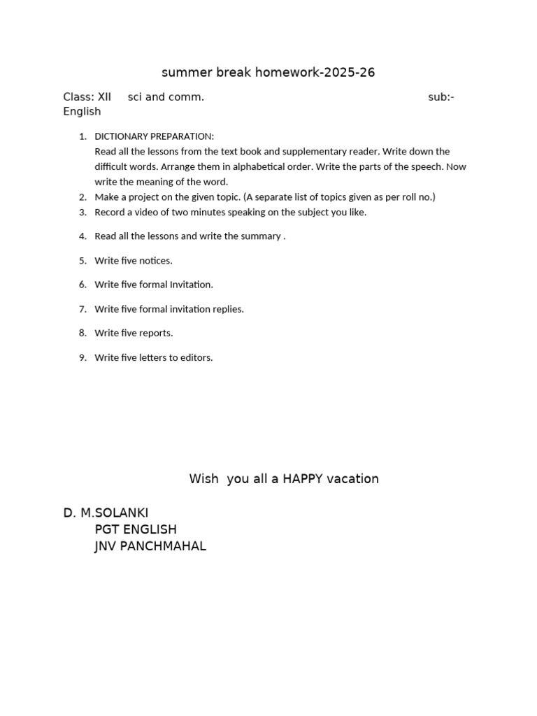 SUMMER Break Homework XII 2025-26 | PDF