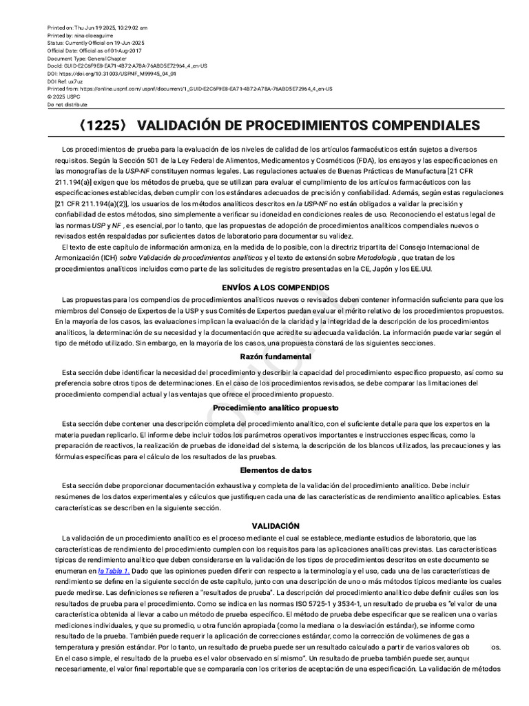 USP-NF 〈1225〉 Validación de Procedimientos Compendiales | PDF