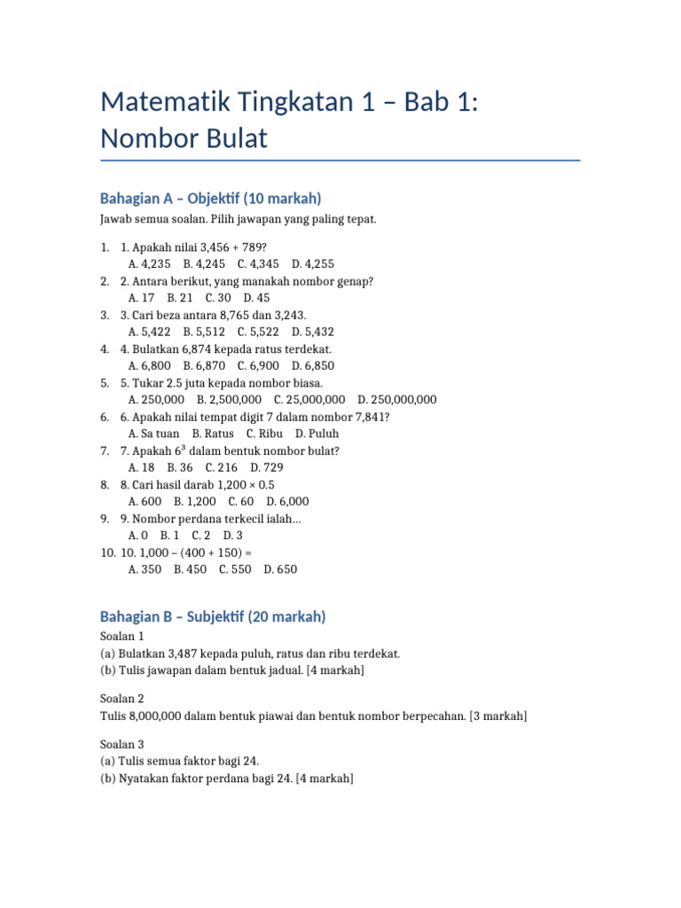 Soalan Matematik Tingkatan 1 Bab 1 | PDF
