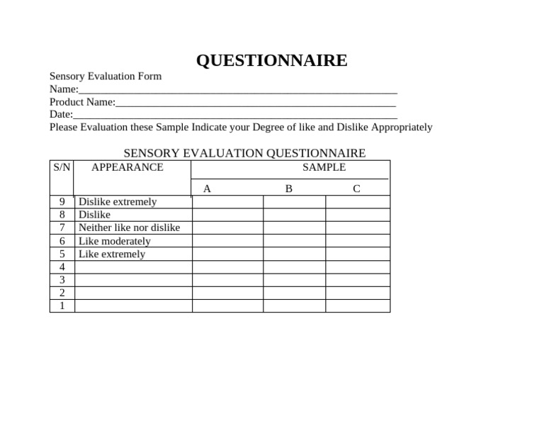 Sensory Evaluation Questionnaire Form | PDF