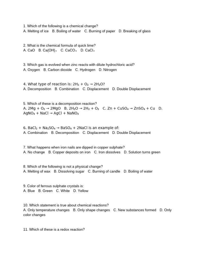 Class 10 Chapter 1 Science MCQ | PDF | Chemical Reactions | Redox
