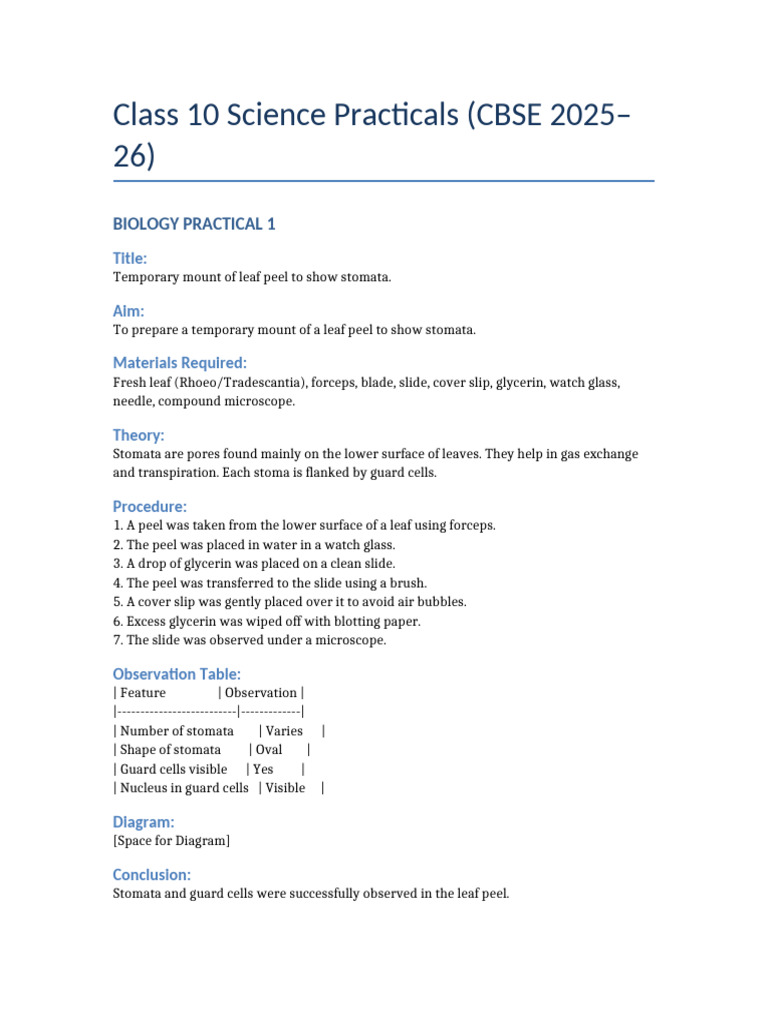 Class 10 Science Practicals All CBSE 2024-25 | PDF | Seed | Stoma