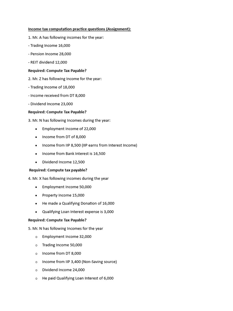 Income Tax Computation Practice Questions | PDF