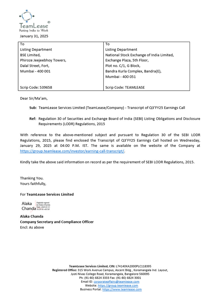 Teamlease Concall Jan 2025 | PDF | Business Economics | Business
