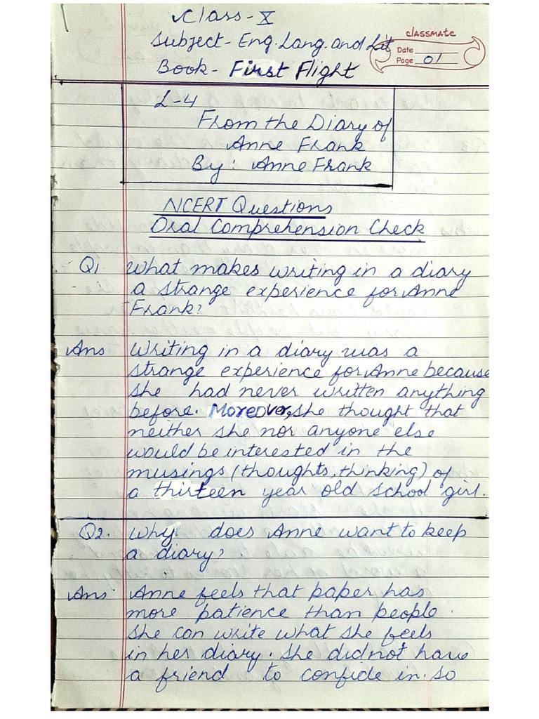 From The Diary of Anne Frank, Class 10, L4, First Flight | PDF