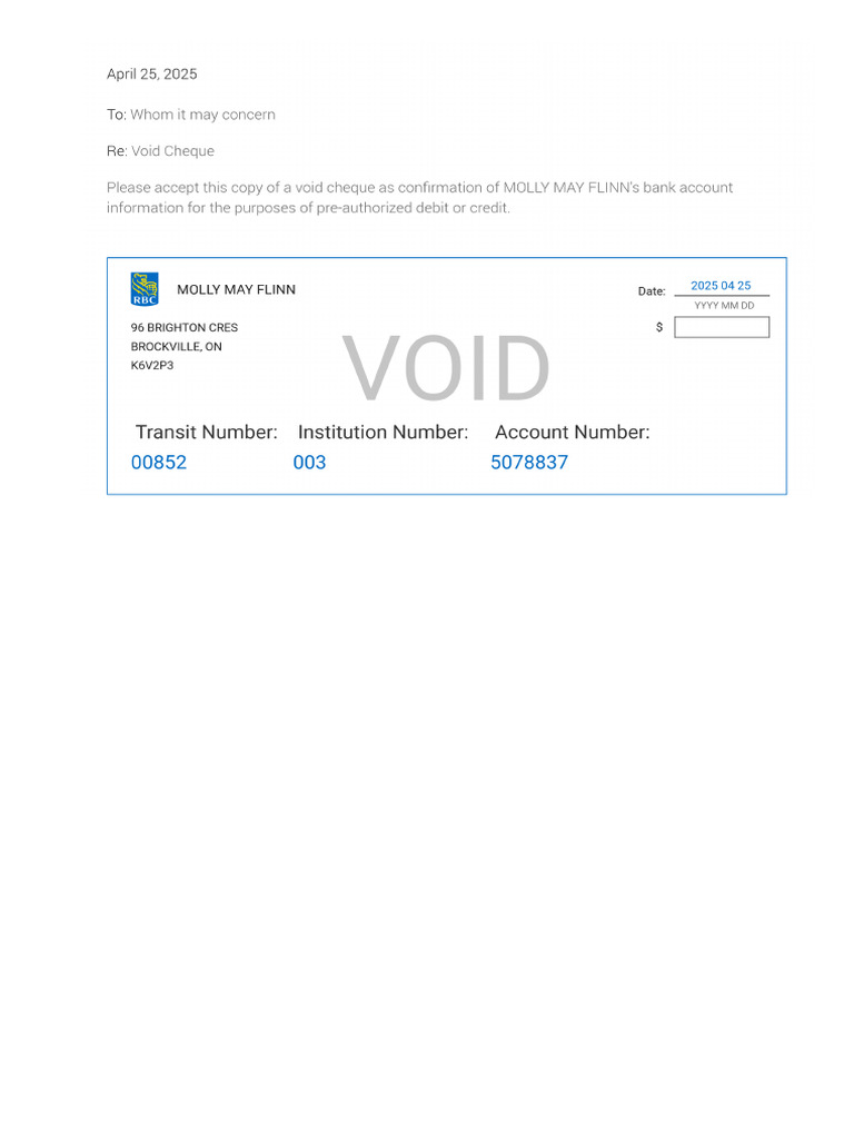 View and Print Void Cheque - RBC Online Banking | PDF
