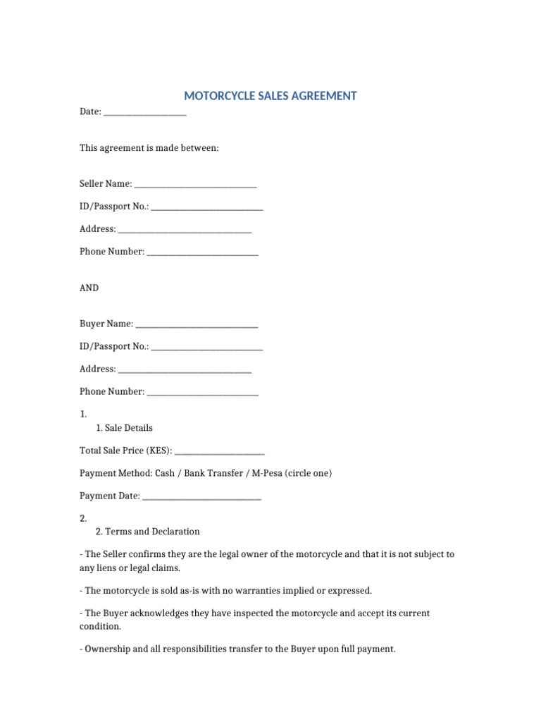 Simple Motorcycle Sales Agreement | PDF