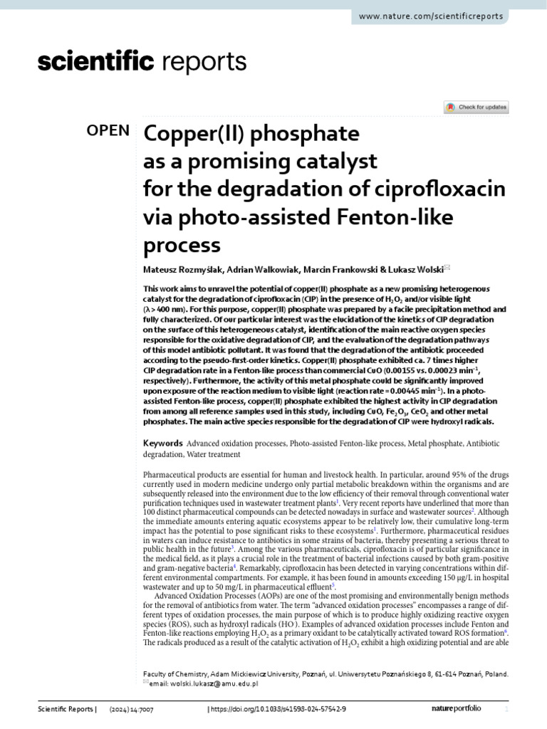 Copper(II) Phosphate for Ciprofloxacin Degradation | PDF | Catalysis ...