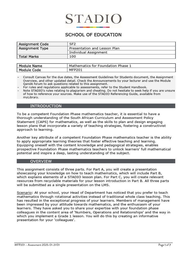 MFP201 Mathematics Lesson Plan Assignment | PDF | Lesson Plan | Mathematics