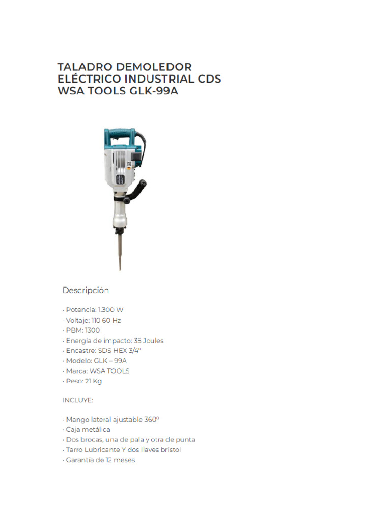 Ficha Tecnica Taladro Demoledor Cds Wsa Tools Glk-99a | PDF