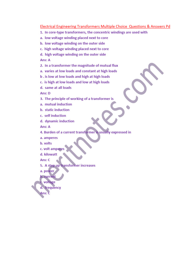 Electrical Engineering Transformer Quiz | PDF
