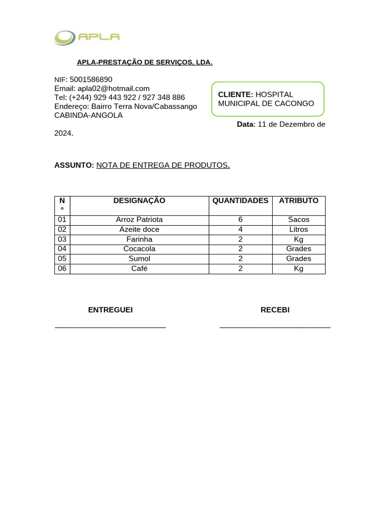 Nota de Entrega de Produtos - Hospital Cacongo | PDF | Culinária ...