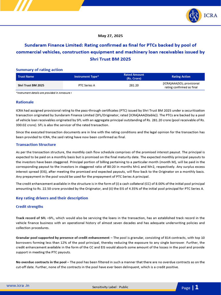 Sundaram Finance PTC Rating Confirmation | PDF | Securitization | Credit