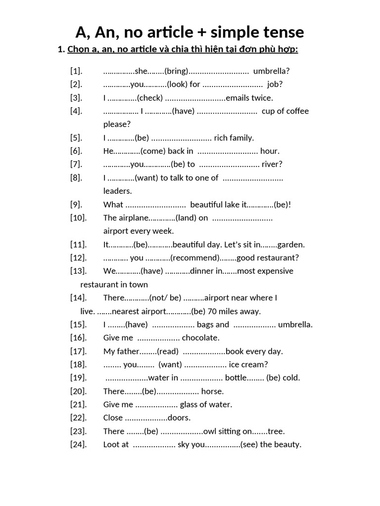 Articles and Simple Tense Exercises | PDF