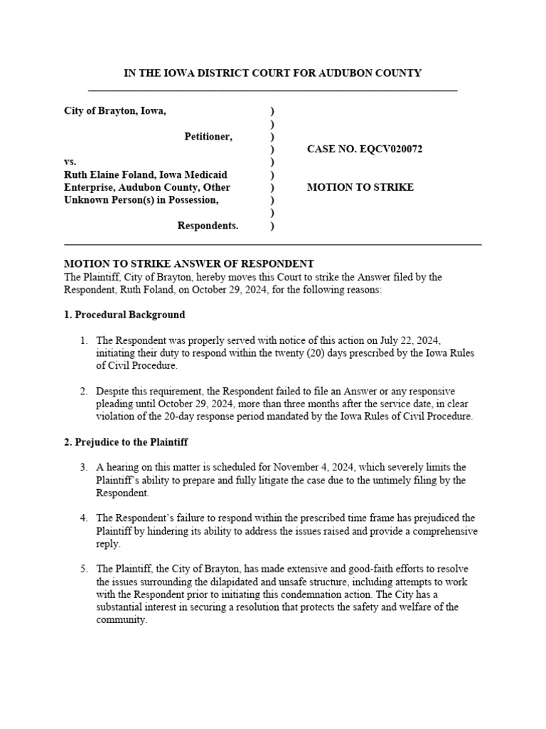 Motion To Strike - Ruth Elaine Foland | PDF | Prejudice (Legal Term ...