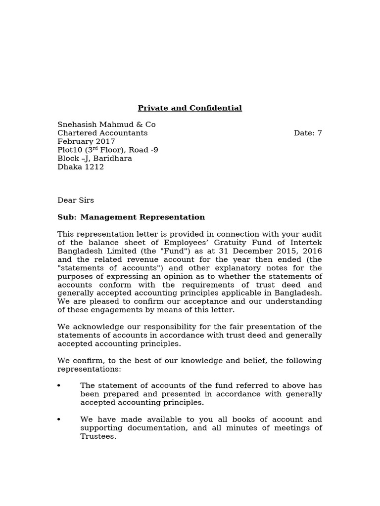 Management Representation Letter for Audit | PDF | Accounting ...