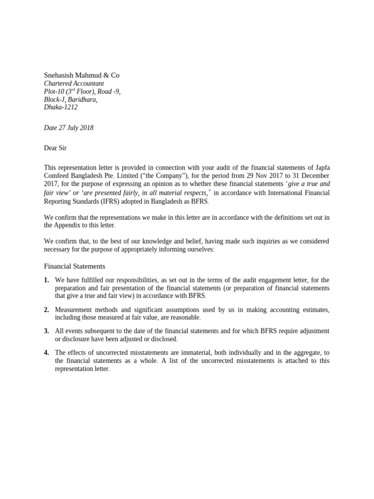 Management Representation Letter-Japfa | PDF | Going Concern | Internal ...