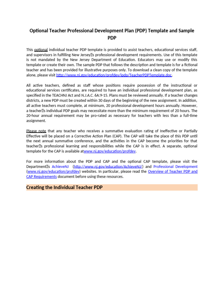 Optional Teacher Professional Development Plan (PDP) Template and Sample PDP | PDF