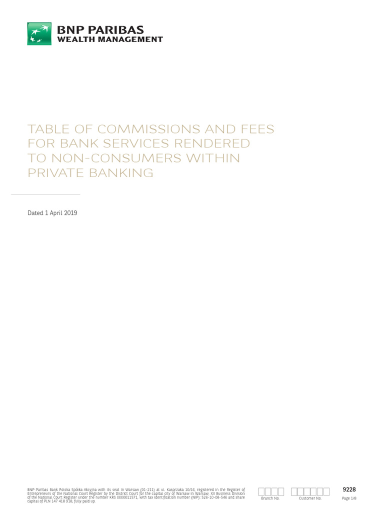 Table of Commissions and Fees For Bank Services Rendered To Non ...