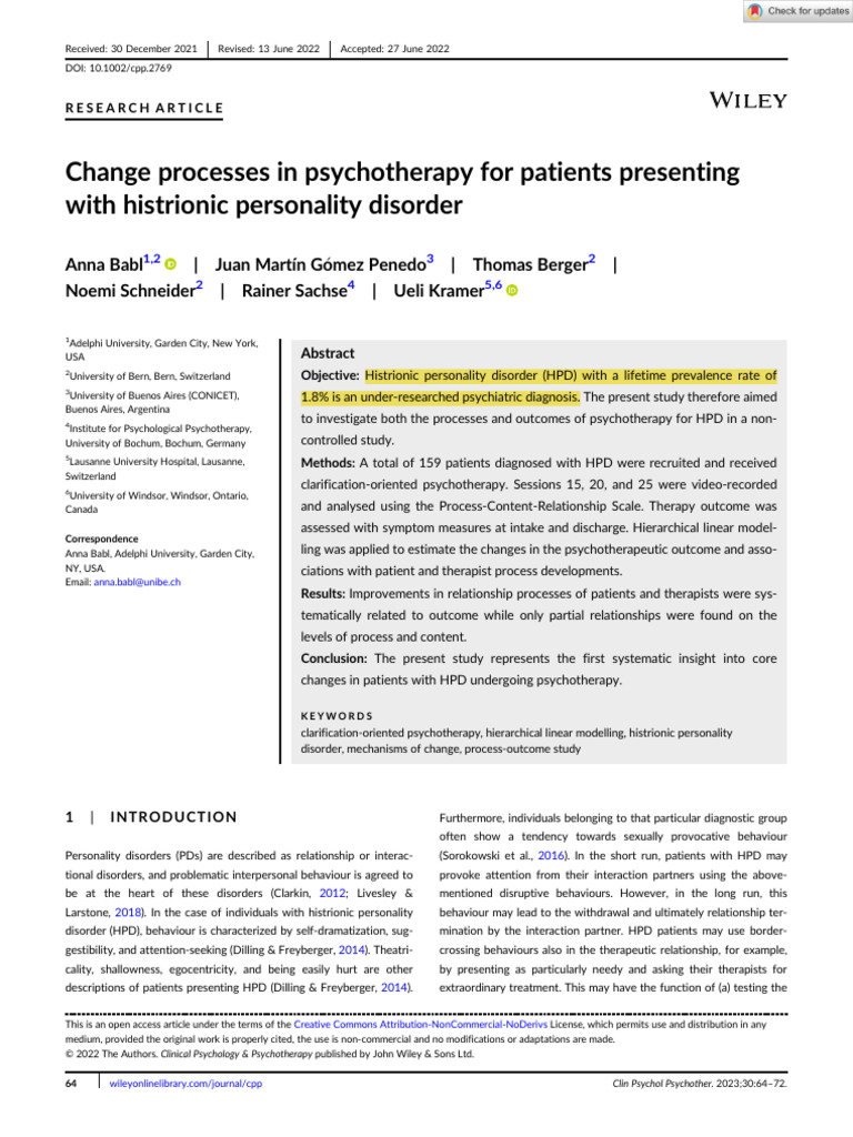 Clin Psychology and Psychoth - 2022 - Babl - Change Processes in Psychotherapy For Patients ...