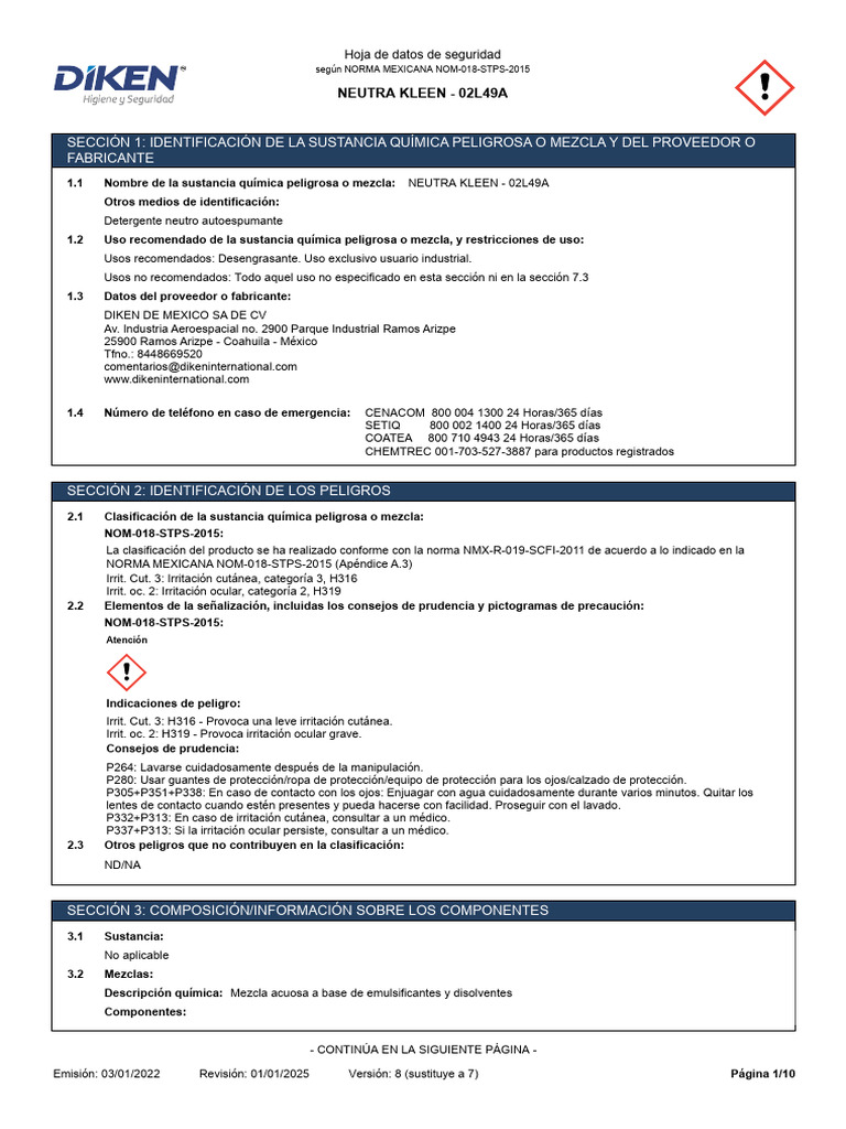 NEUTRA KLEEN Hoja de Seguridad | PDF | Residuos | Toxicidad