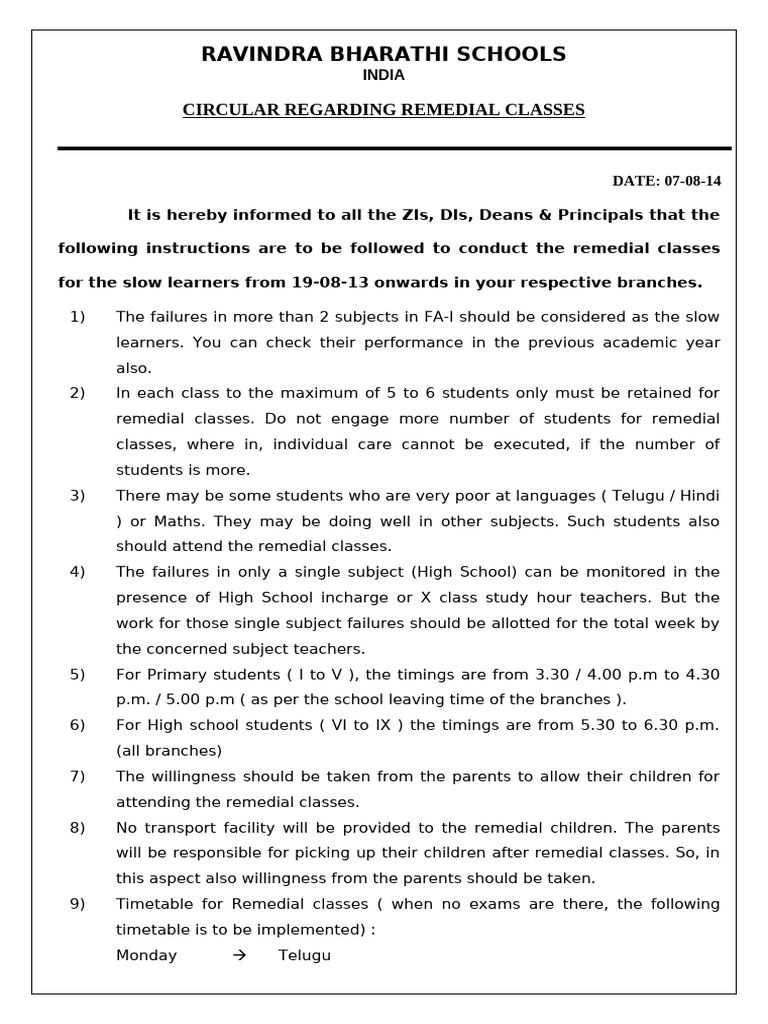 Regarding Remedial Classes-2014-15 | PDF | Learning | Pedagogy