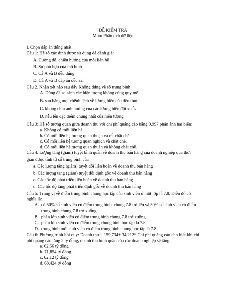 ĐỀ KIỂM TR PTDL 1 | PDF