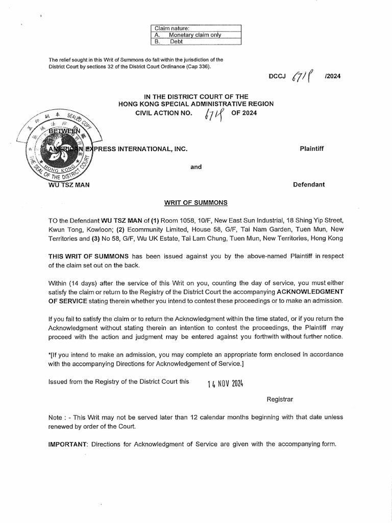 Writ of Summons 5695 (24.11.14) | PDF