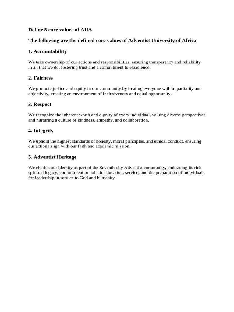 Define 5 Core Values of AUA | PDF