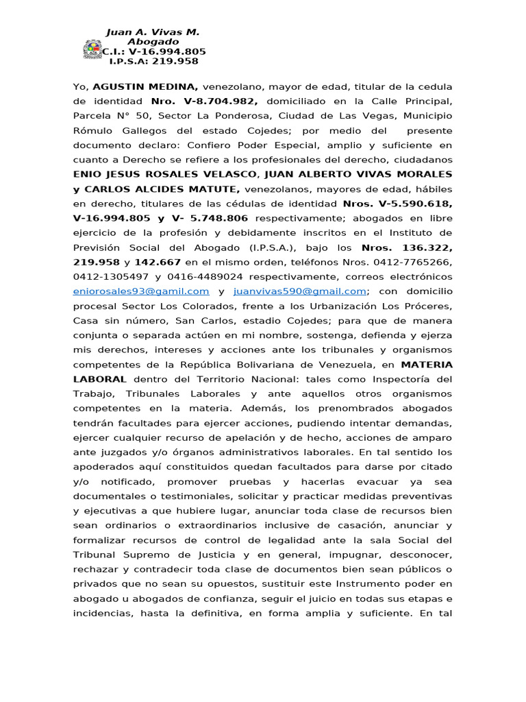 Poder Laboral Caso Agustin Medina | PDF | Abogado | Venezuela