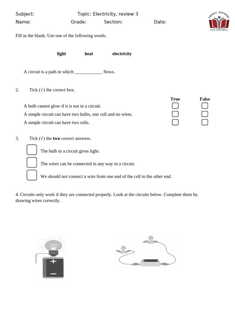 Electricity Review Worksheet for Students | PDF