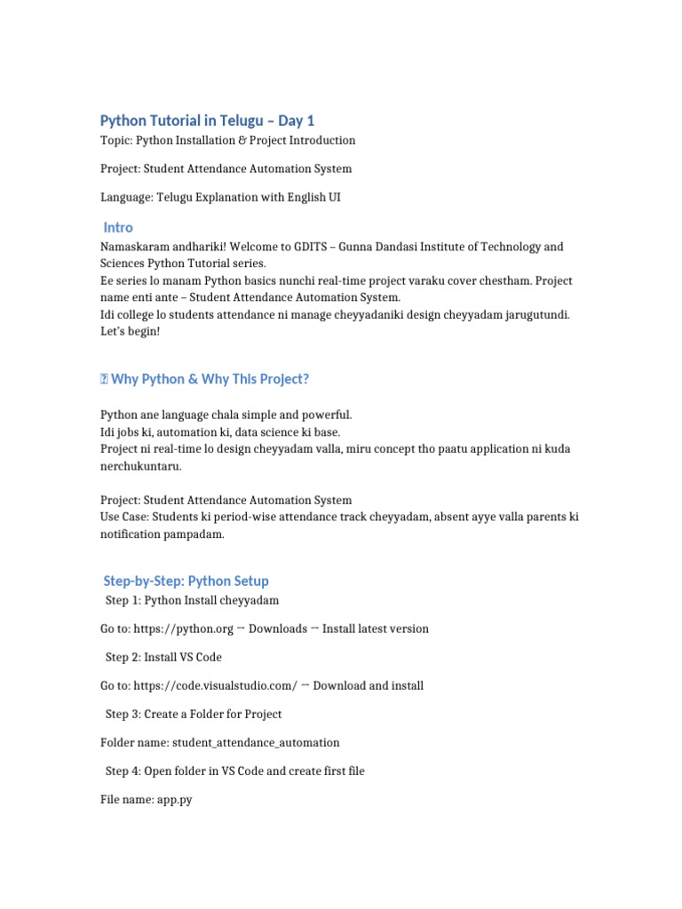 Python Tutorial Day1 Setup Telugu Pdf Python Programming Language Automation