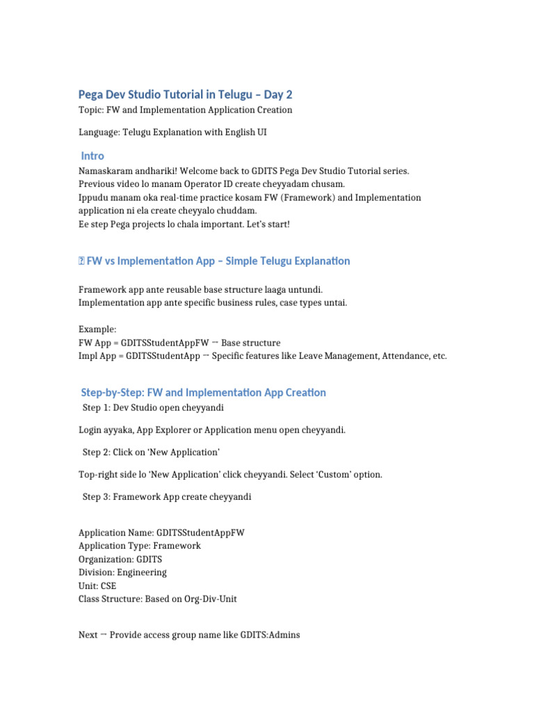 Pega Tutorial Day2 FW Impl Telugu | PDF | Computing | Software
