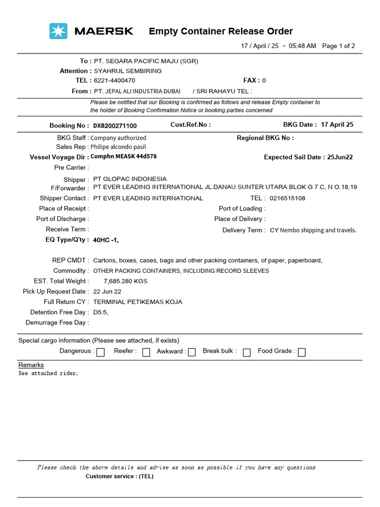 Empty Container Release Order Details | PDF | Logistics | Water Transport