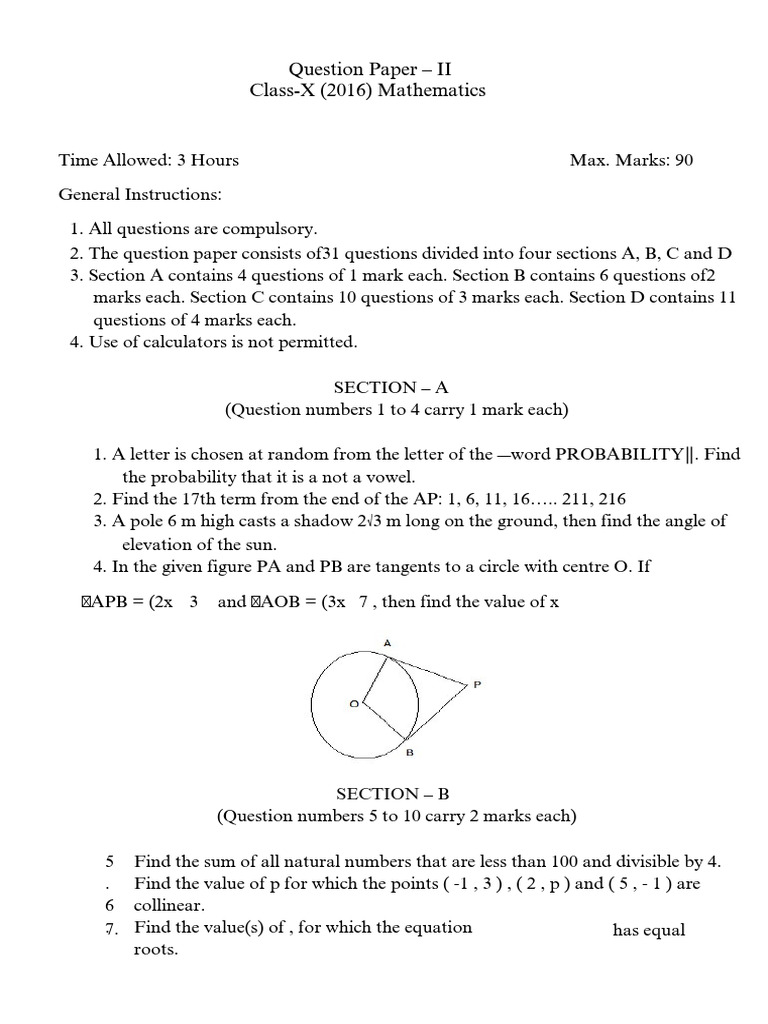 Question Paper - II Class-X (2016) Mathematics: Section - B | PDF ...