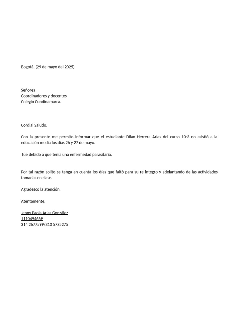 Carta de excusa por inasistencia escolar | PDF