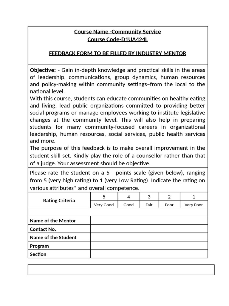 Community Education Feedback Form | PDF | Mentorship | Leadership