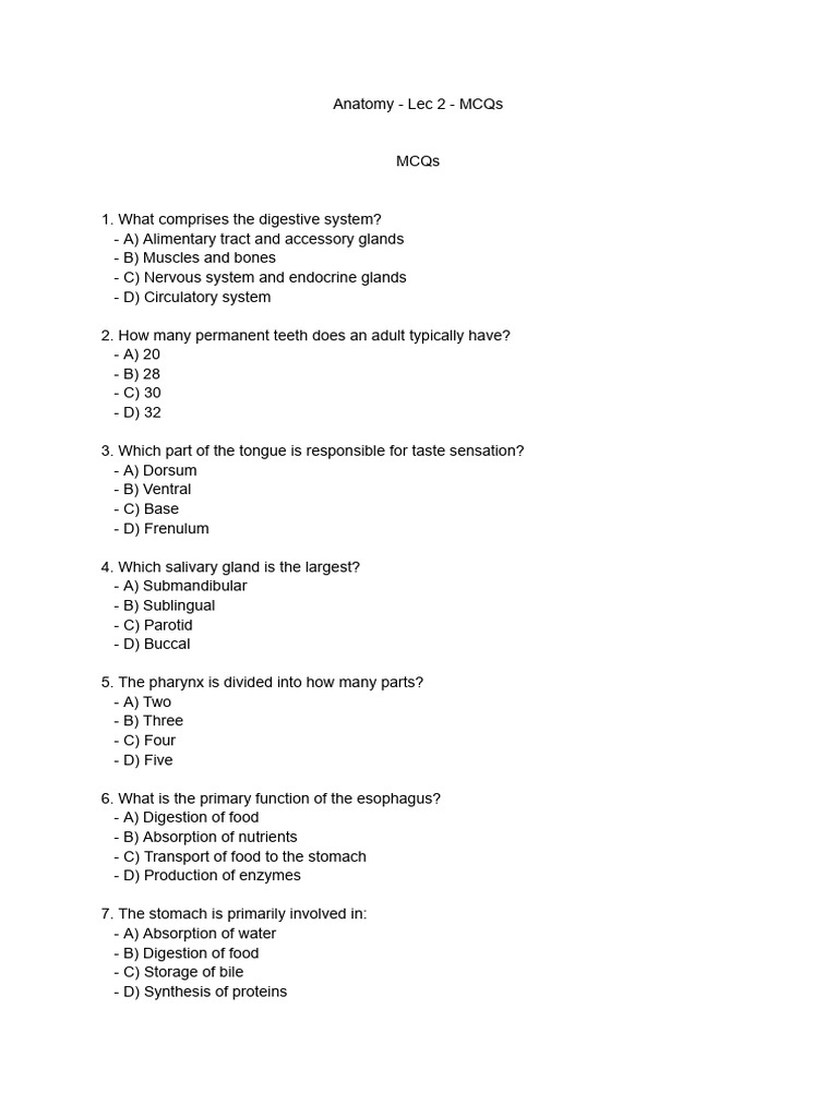 Anatomy MCQs: Digestive System Insights | PDF | Human Digestive System ...