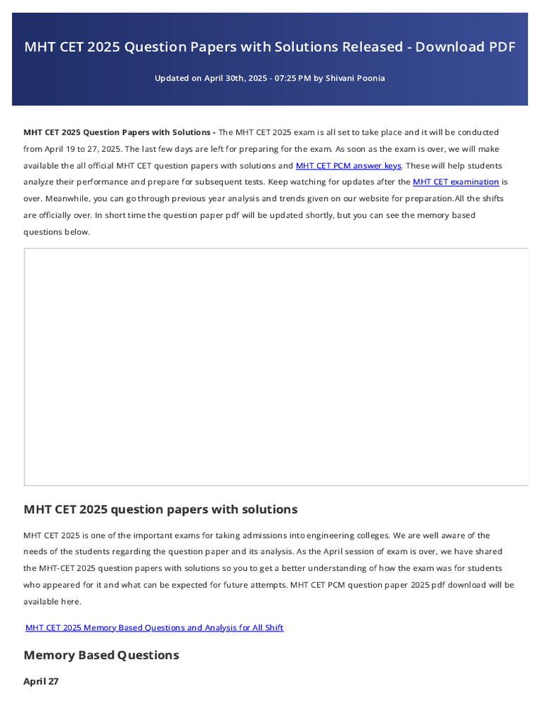 MHT CET 2025 Question Papers & Solutions | PDF | Molecules | Chemistry