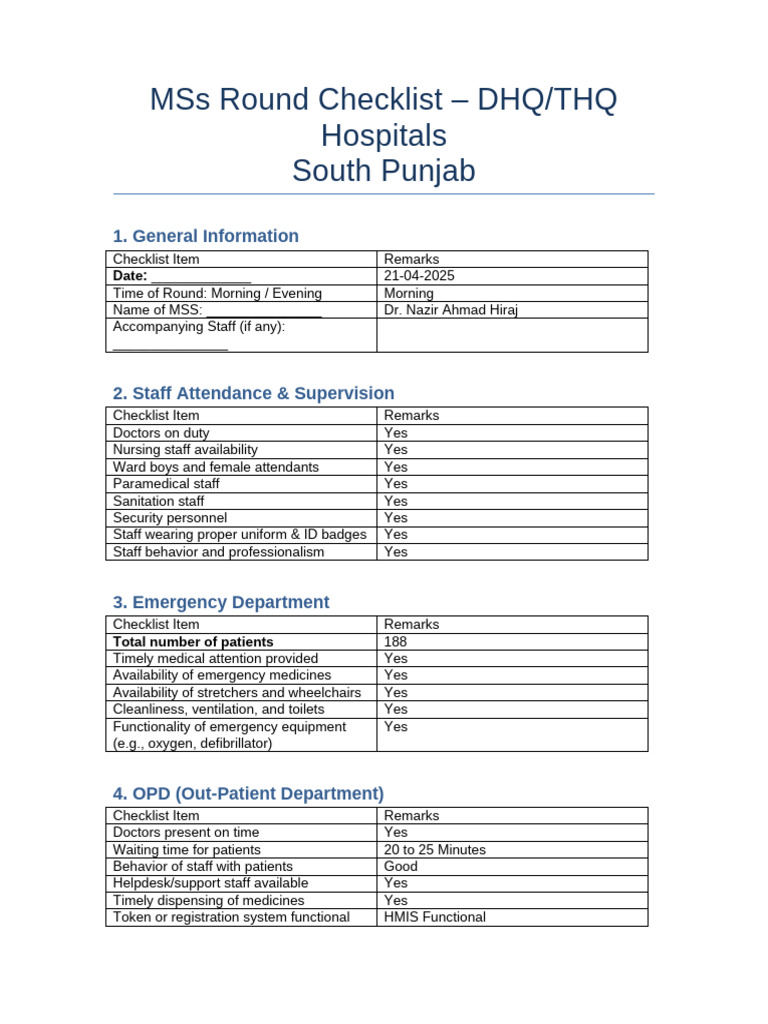 MSs Round Checklist DHQ Shahbaz Sharif Hospital Multan | PDF | Pharmacy ...