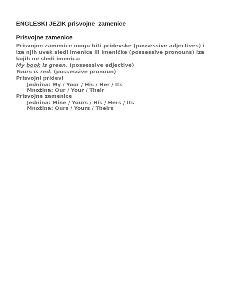 Engleski Prisvojne Zamenice | PDF