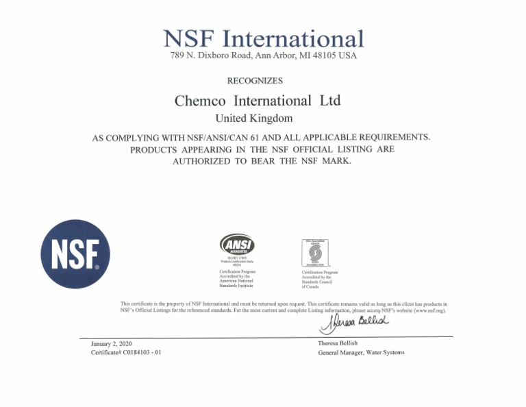 NSF Certified - Potable Water System - Jan 2020 | PDF