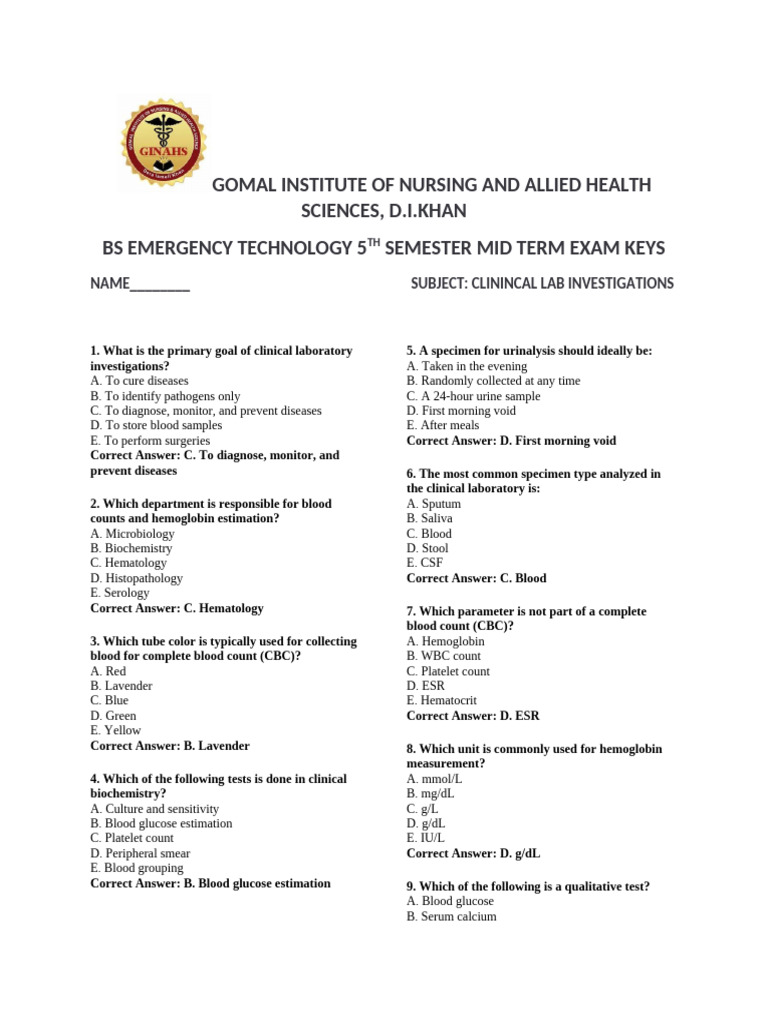 Clinical Lab Investigation Mid Exam Mcqs Keys | PDF | Blood Type | Human Chorionic Gonadotropin