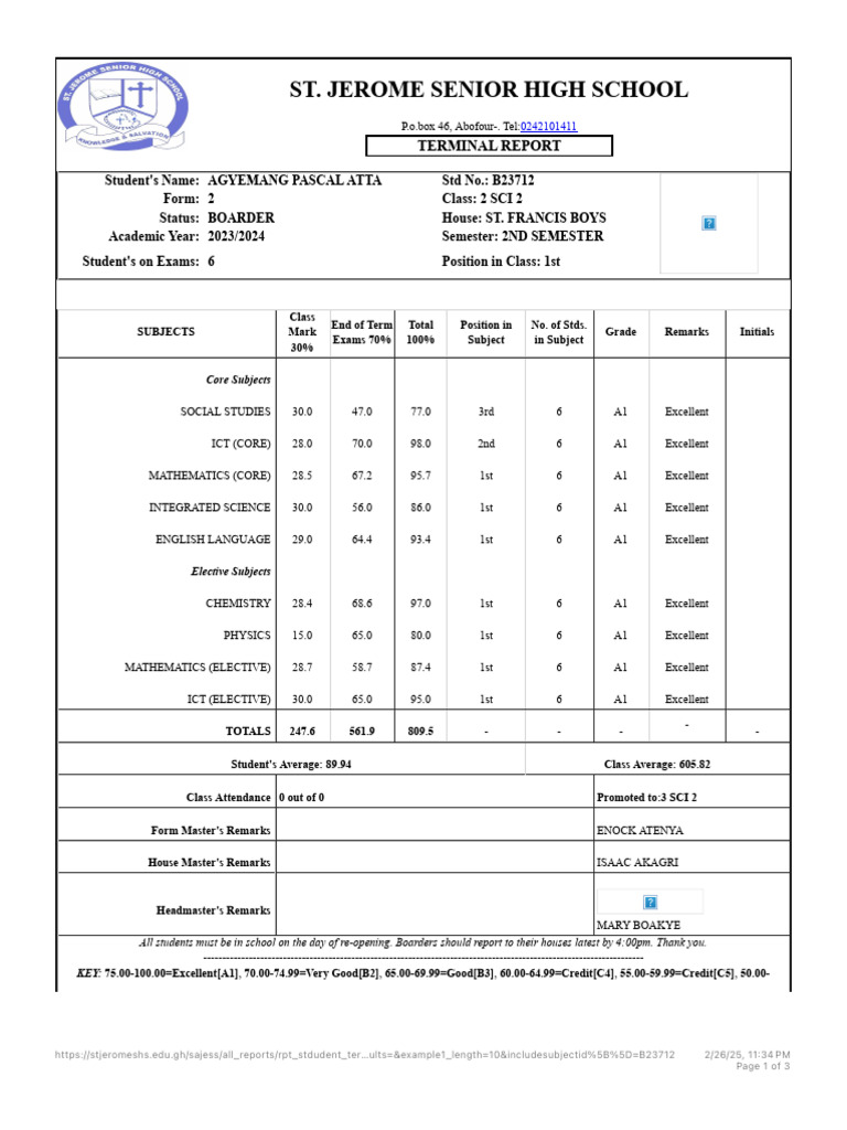 St. Jerome Senior High School - Student Terminal Report Print | PDF